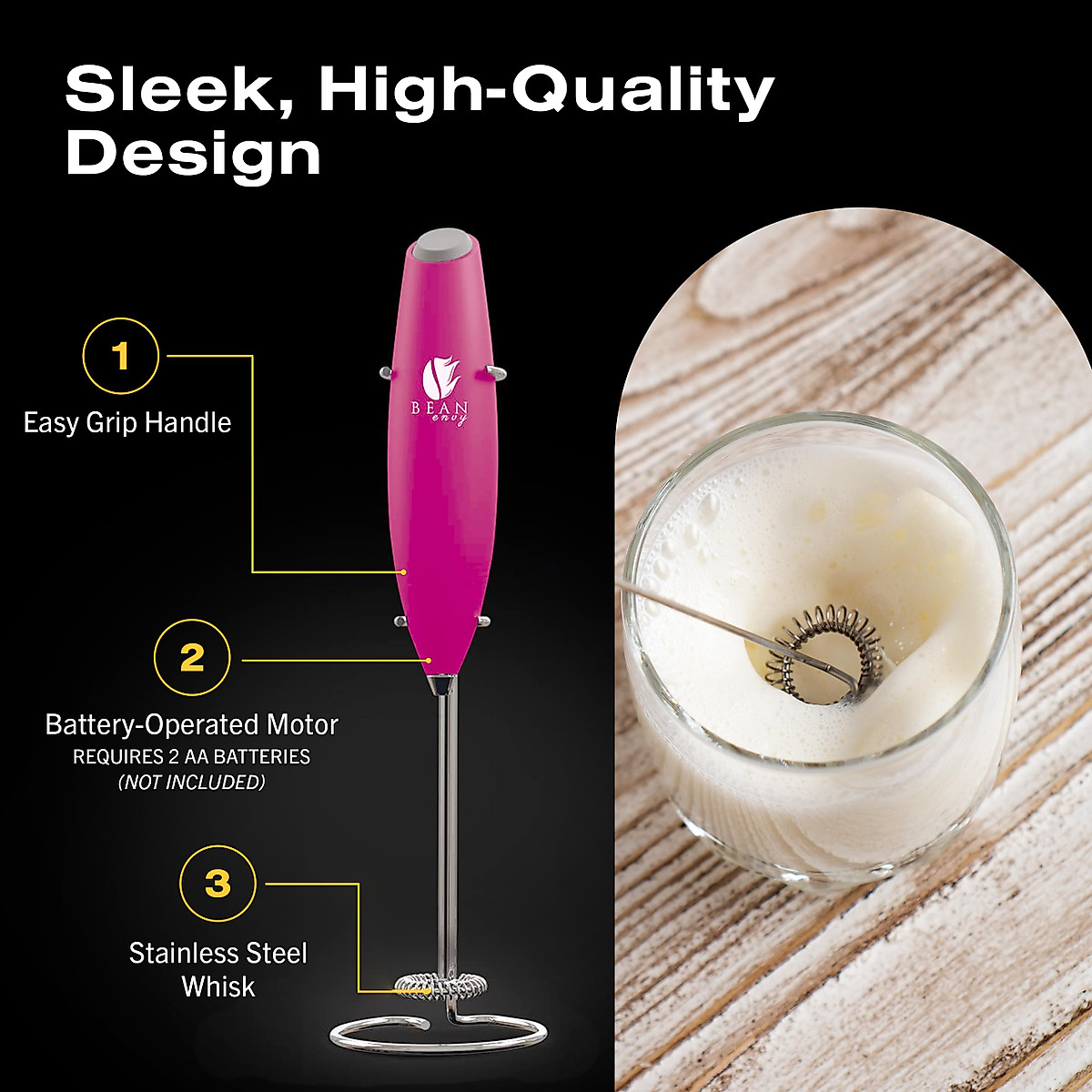 Bean Envy Milk Frother Handheld for Coffee - Electric Hand Blender, Mini Drink Mixer Whisk & Coffee Foamer Wand with Stand for Lattes, Cappuccino, Matcha and Hot Chocolate - Kitchen Gifts - Raspberry
