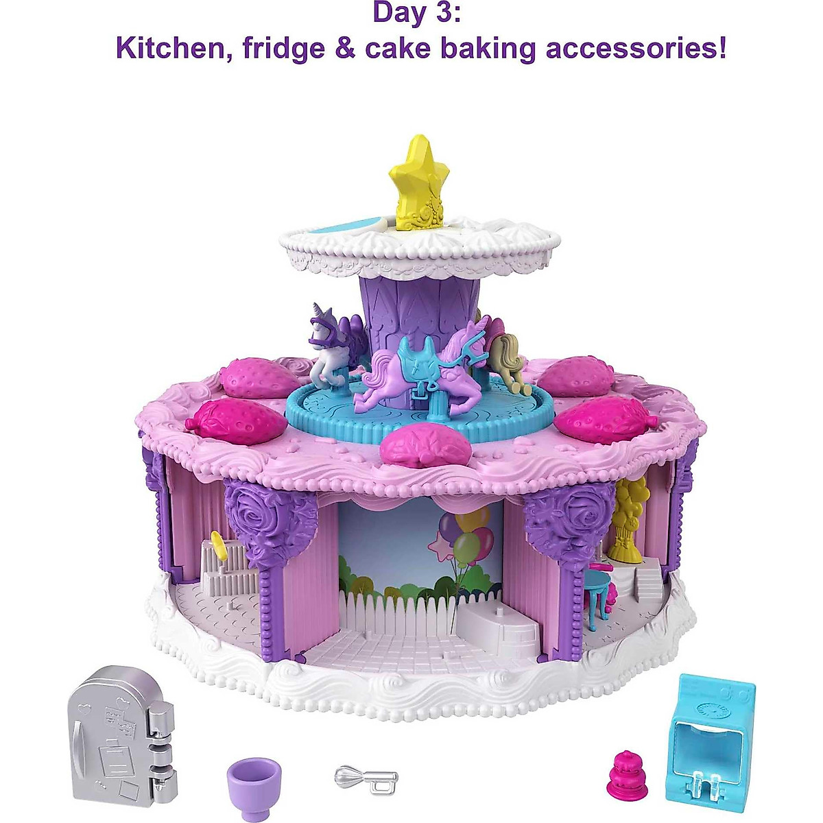 Polly Pocket 2-in-1 Playset, Unicorn Toy with 2 Micro Dolls & 25 Surprise Accessories, Birthday Cake Countdown