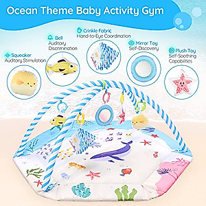5-in-1 Baby Play Mat, Thickened Tummy Time Mat & Ball Pit Ocean Theme Baby Activity Mat with Net, Non-Slip & Washable for 3-18M Baby Motor&Cognition Development, 39.4x43.3x18.5 Inch