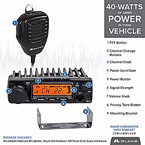 Midland – MXT400VP3-40 Watt GMRS MicroMobile Two Way Radio - Off Roading Outdoor Boat Ranches Tractors Radio - 8 Repeater Channels - Antenna Mounting Bracket Antenna Chord, 3dB Gain Ghost Bundle