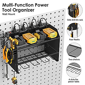 CCCEI Modular Power Tool Organizer Wall Mount with Charging Station. Garage 4 Drill Storage Shelf with Hooks, Screwdriver, Drill Bit Heavy Duty Rack, Tool Battery Holder Built in 8 Outlet Power Strip.