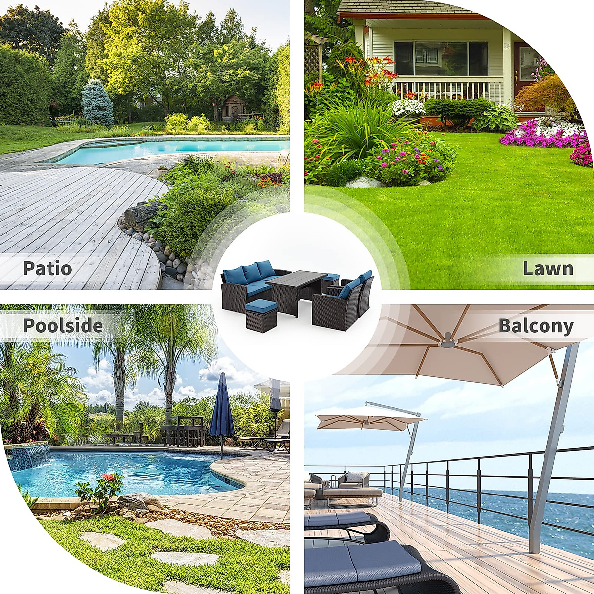 HOMREST 6 Pieces Patio Furniture Sets Clearance, Patio Dining Sofa Set Outdoor Sectional Sofa Conversation Set All Weather Wicker Rattan Couch Dining Table & Chair (Blue)