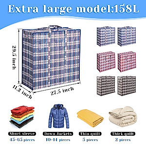 NDSWKR 6 Pack 158L Checkered Moving Bag, Heavy Duty Storage Totes with Zipper and Handle, Extra Large Laundry Bag for Clothes Bedding Comforter Blanket Organizer Dorm