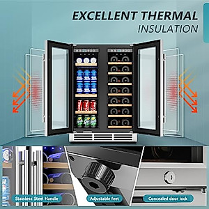 EUHOMY Wine and Beverage Refrigerator, 24 Inch Dual Zone Wine Cooler with Glass Door Hold 21 Bottles and 88 Cans, Built in or Under Counter Wine Fridge with Blue LED Light