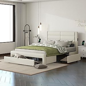 Linique Queen Size Wooden Bed Frame with 3 Storage Drawers,Queen PU Leather Upholstered Platform Bed with Headboard and Charging Station,White
