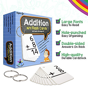 Star Right Education Addition Flash Cards, 0-12 (All Facts, 169 Cards) with 2 Rings - Addition Flashcards