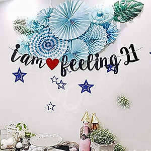 QWLQIAO I Am Feeling 21 Black Gliter Paper Sign Banner, Women/Men's 21st Birthday Party Fun Decorations Backdrops