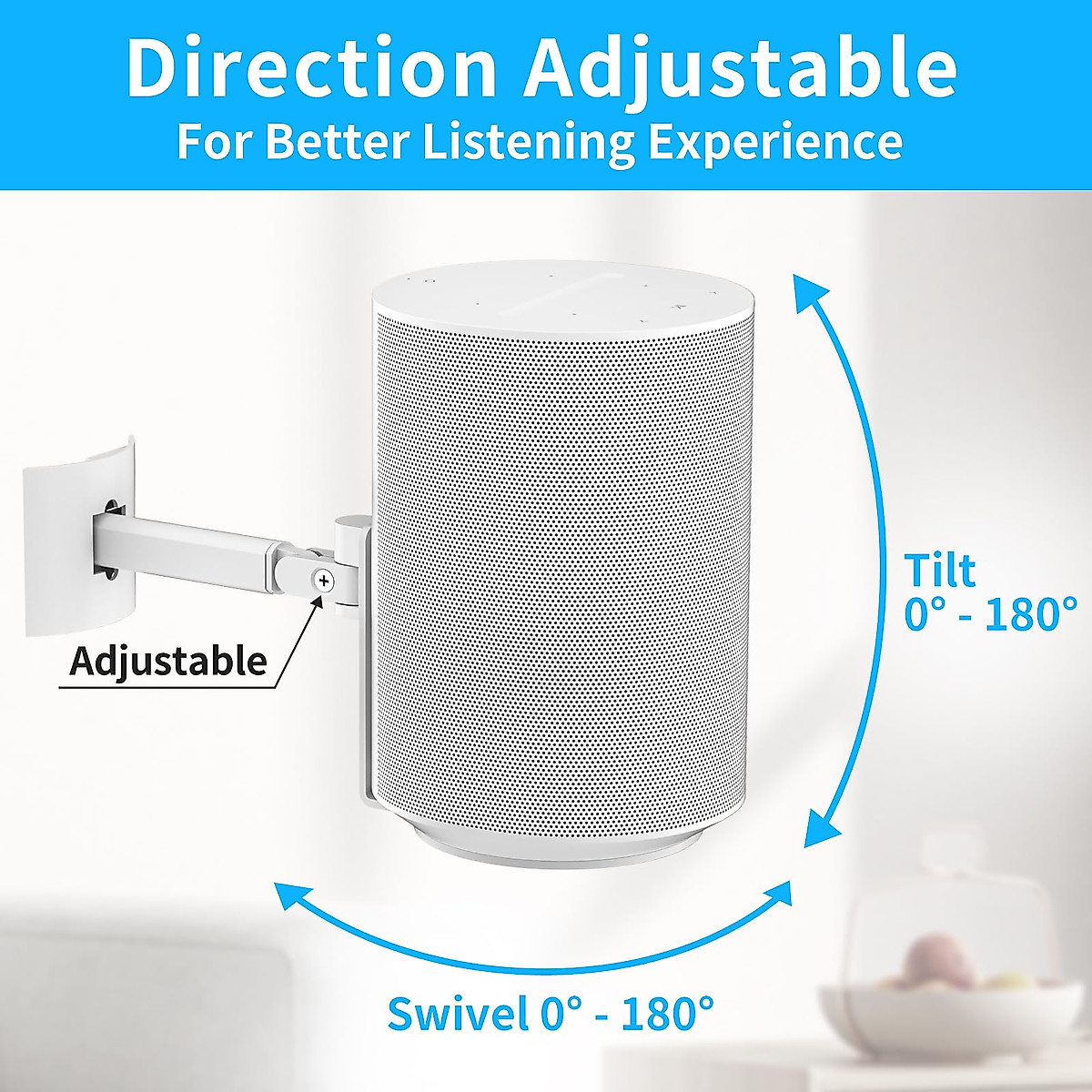 Yibracki Heavy-duty Speaker Wall Mount and Ceiling Speaker Mount for Sonos Era 100 Wireless Speaker Mount,Tilt & Swivel Adjustable Mount or Sonos Era 100 Speaker with Hardware Kit - 2 Pack, White