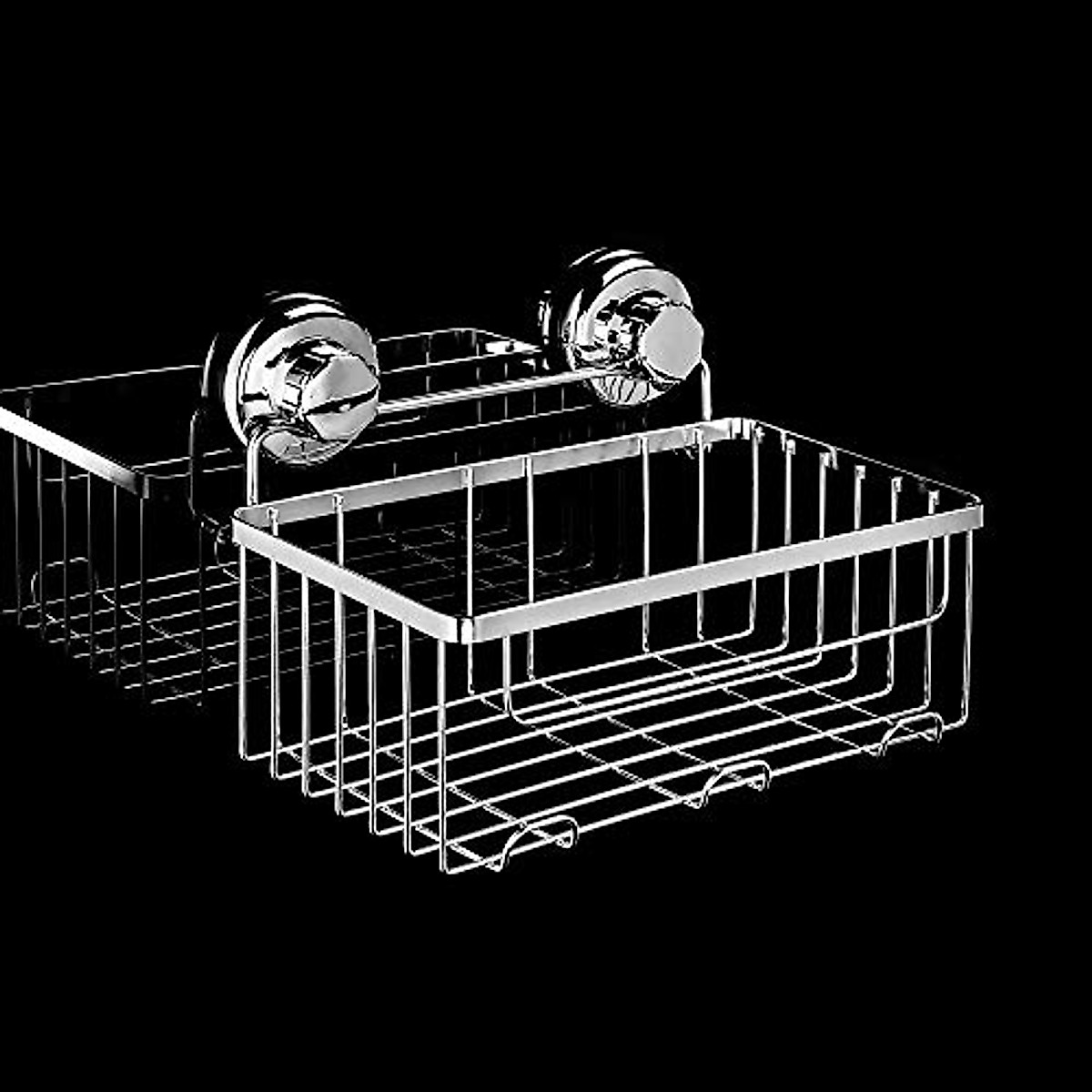 HASKO accessories Vacuum Suction Cup Shower Caddy | Deep Basket Organizer for Shampoo with Hooks | Adhesive 3M Stick Discs | Holder for Bathroom Storage | Polished Stainless Steel SS304