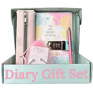 Life is a Doodle Diary with Lock For Girls- Girls Journal Gift Set Includes: Leather Notebook Journal with Lock, Travel Pencil Case, Love Cuff, Writing Pen - Trendy Journal For Teen Girls & Kids