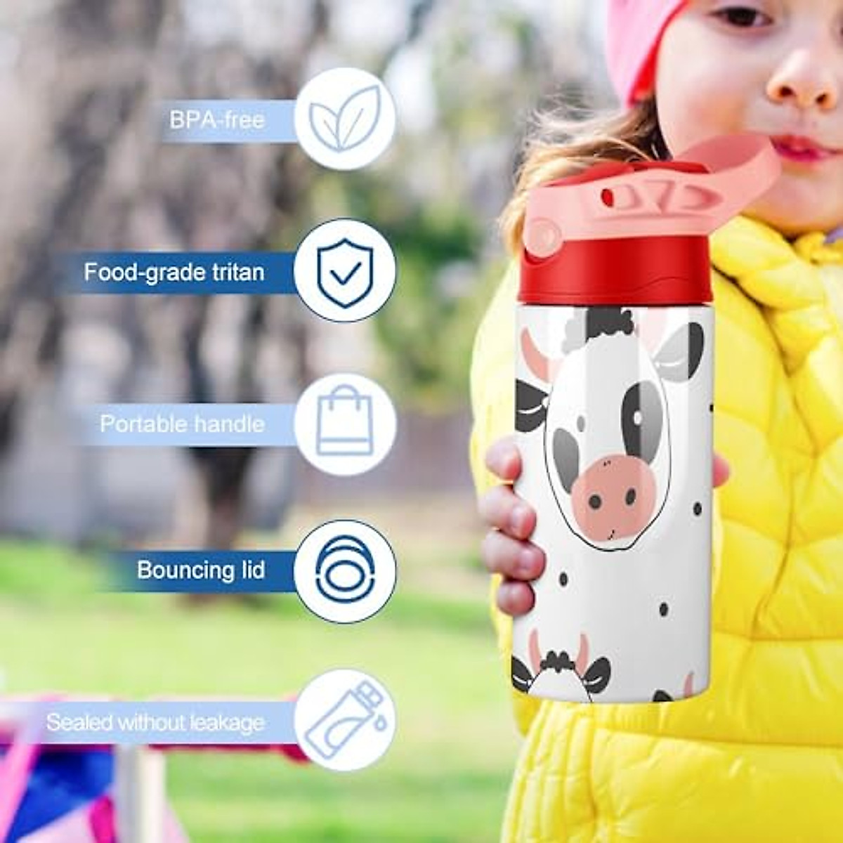 Stainless Steel Water Bottles Cartoon Cow Print Travel Water Cups with Handle And Silicone Straw Drinking Cup with Leak Proof Lid Thermo Travel Mug for Women Men