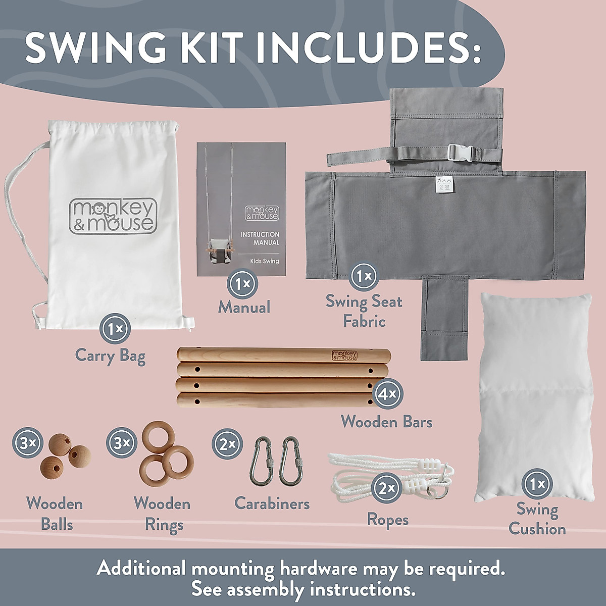 Monkey & Mouse Baby Swing Seat, Secure Canvas and Wooden Hanging Swing Chair, Infant, Toddler, Kids Toys - Indoor and Temporary Outdoor Hammock for Indoor Playground, Tree Swings or Backyard