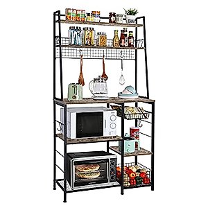 Kitchen Baker’s Rack with Storage Coffee Bar Station, 68inch Microwave Oven Stand with Pull-out Wire Basket 12 Hooks,5 Tier Storage Shelf with Mesh Panels for Utensils, Pots, Pans, Spices