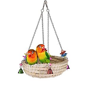 Bird Nest Swing Bed Toy with Bell Woven Straw for Parrot Parakeet Cockatiel African Grey Cockatoo Conure Budgie Canary Lovebird Finch Cage Accessories
