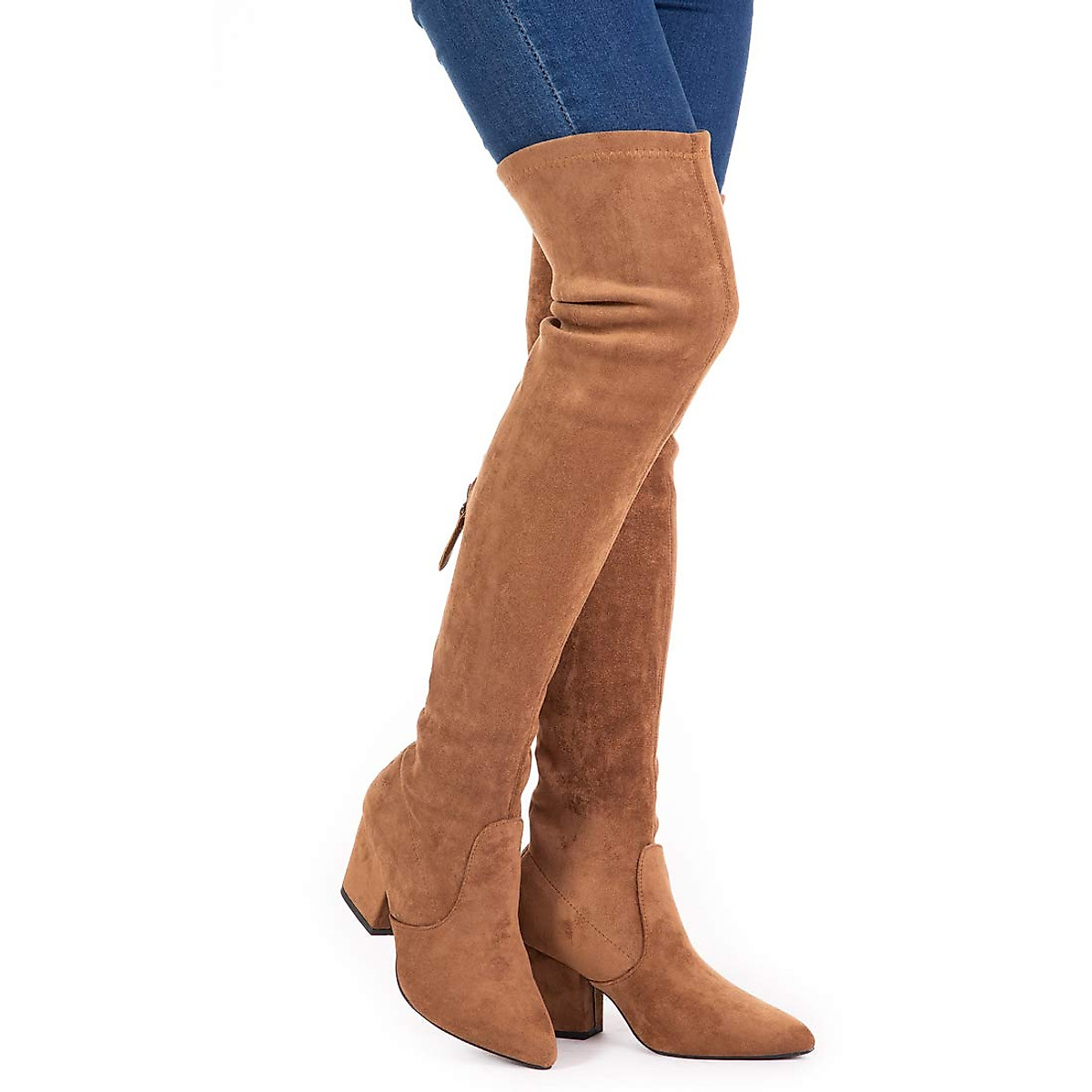 N.N.G Over the Knee Boots for Women Brown Size 7 Suede Block Heel Thigh High Long OTK Winter Stretch Ladies Pointed Toe