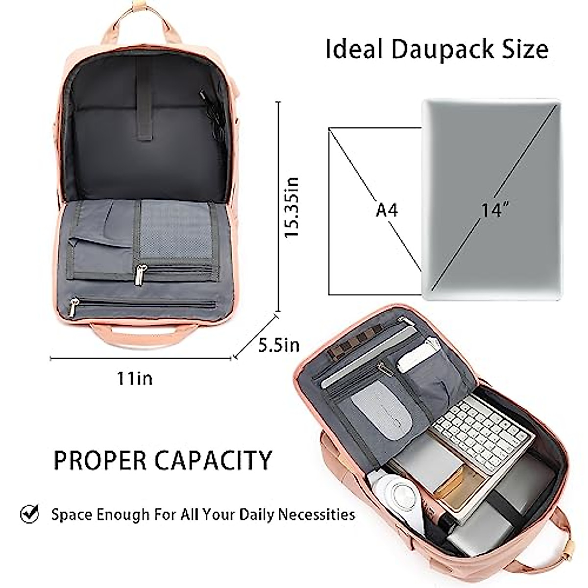 KeKour Laptop Backpack for Women,14 Inch Work Laptop Bag with USB Port Travel Computer College Casual Daypack for Weekender (Pink)