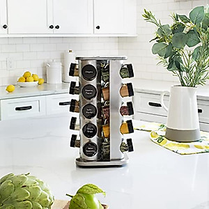 Orii 20 Jar Stainless Steel Spice Organizer Rack Filled with Spices - Rotating Standing Rack Shelf Holder & Countertop Spice Rack Tower Organizer for Kitchen Spices, Free Spice Refills for 5 Years