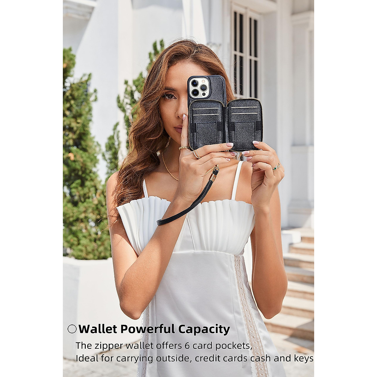 ZVE iPhone 12 Pro Max Wallet Case, Zipper Case with RFID Blocking Card Holder Slot Wrist Strap Handbag Protective Leather Cover for Women iPhone 12 Pro Max, 6.7" - Black