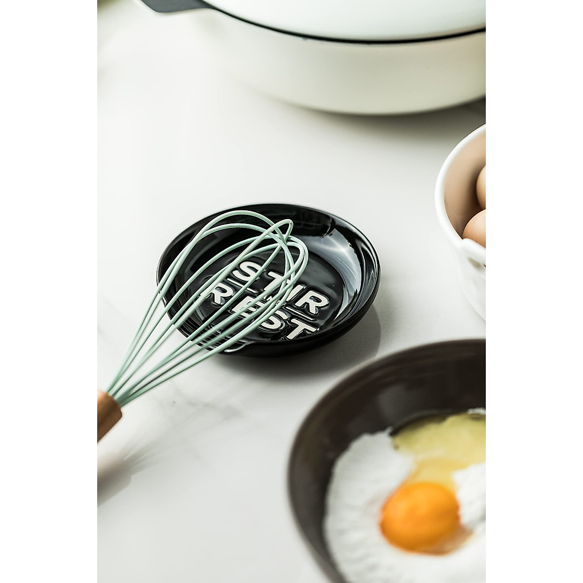 Miamolo Spoon Rest for Stove Top, Kitchen Decor for Farmhouse, Cooking Ladle/Spatula/Spoon Holder, Utensil Rest for Countertop Deep Tray Prevent for Spill Black and White 5 inch as Christmas Gift