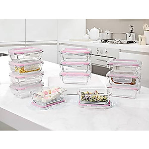 M MCIRCO [12-Pack, 6.3oz] Glass Food Storage Containers with Lids - Small Glass Jars for Snacks, Dips, Sauces - Freezer, Microwave, Dishwasher Friendly - Pink