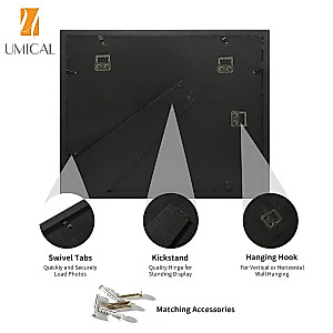 UMICAL 11x14 Picture Frame Black Wood Collage Photo Frames with HD Plexiglass and White Mat displays (2) 5x7 Pictures for Table Top Stand and Wall Mounting