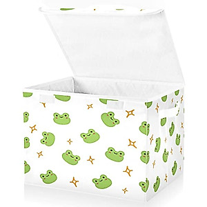 Kigai Storage Basket Cute Frog Storage Boxes with Lids and Handle, Large Storage Cube Bin Collapsible for Shelves Closet Bedroom Living Room, 16.5x12.6x11.8 In