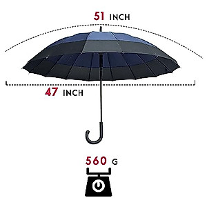 Kung Fu Smith Men Auto Open Stick Umbrella for Rain and Sun, Patchwork Blue and Black Umbrella Canopy, Hook Handle