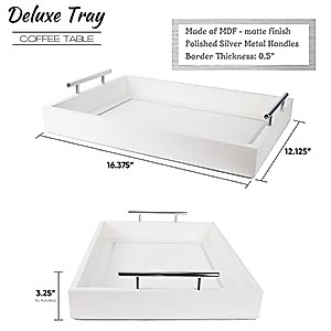 Deluxe Tray for Coffee Table – Beautiful White Tray Decor, White Coffee Table Tray Decor, White Serving Tray with Silver Metal Handles for Your Home -16x12