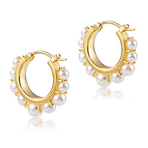 Lancharmed Gold Hoop Earrings with Pearl Twisted Small Hoops for Women Sterling Silver Post Small Pearl Huggie Hoop Earrings