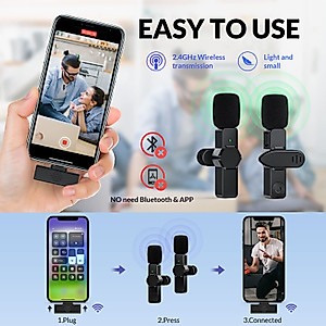 AUXCO 2 Pack iPhone Wireless Microphones, Plug-Play Wireless lavalier Microphone for Video Recording TikTok YouTube Interview Live Stream - 3 Levels Noise Reduction, No APP & Bluetooth Needed