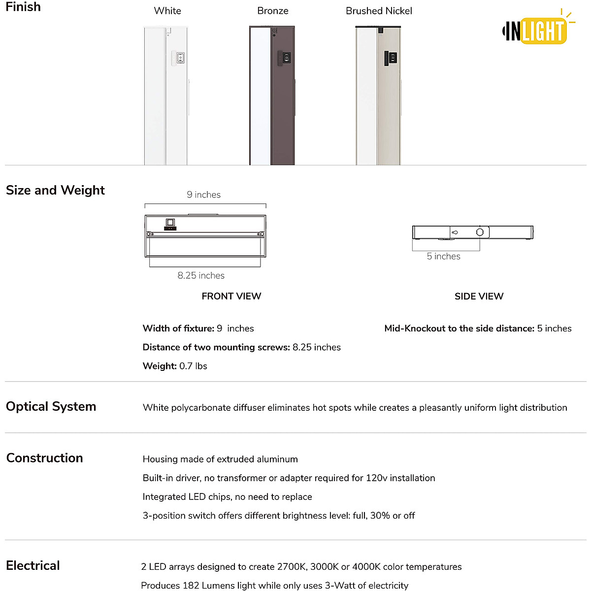 GETINLIGHT 3 Color Levels Dimmable LED Under Cabinet Lighting with ETL Listed, 9-inch, Warm White (2700K), Soft White (3000K), Bright White (4000K), White Finished, IN-0210-0
