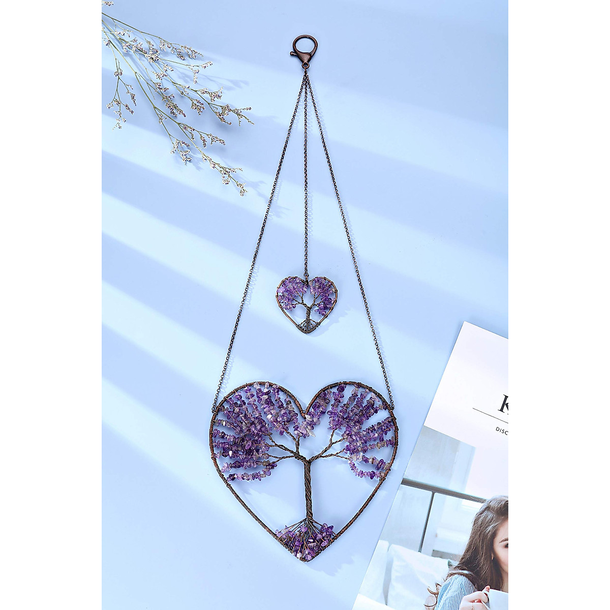Jovivi Tree of Life Feng Shui Crystal Heart Hanging Ornament Amethyst Gemstones Healing Stones Yoga Meditation Window Wall Hanger for Home Wedding Decor