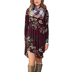Womens V Neck Long Sleeve Casual Floral Printed Tunic Dresses Loose T-Shirt Dresses