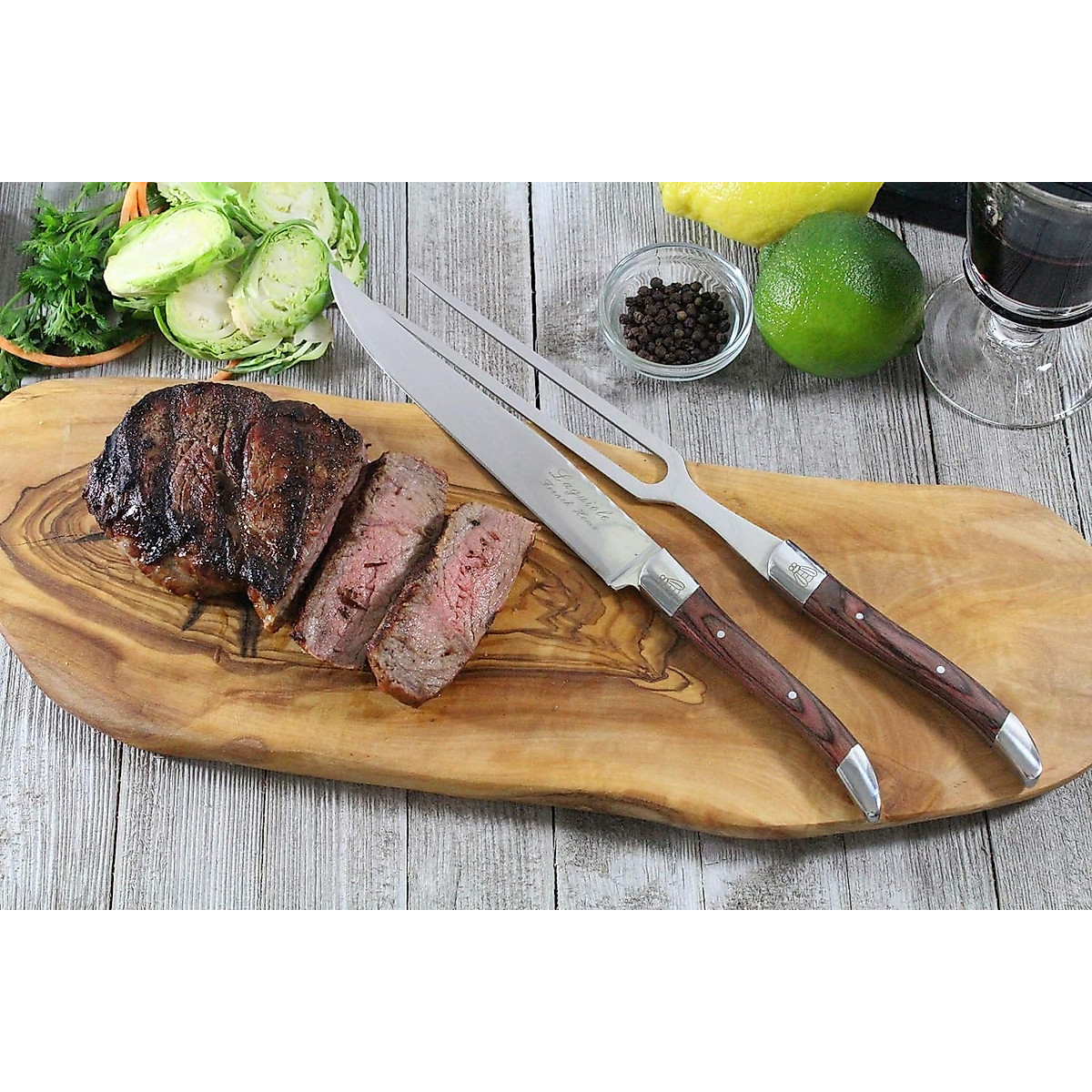 French Home Laguiole Carving Knife and Fork Set - Stainless Steel Knife & Carving Fork Cutlery Set with Pakkawood Handles, Etched Detailing & Iconic Bee Emblem