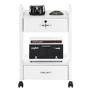 Salon Trolley Cart for Beauty SPA, Wooden Rolling Storage Station, White Mobile Utility Cabinet with 2 Drawers 1 Lockable, Medical Esthetic Supply Holder for Massage Tattoo Facials
