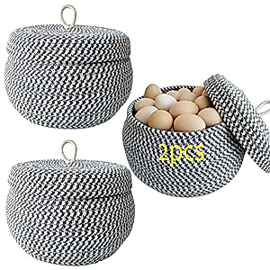 2 Pcs Cotton Rope Woven Storage Baskets Easter Egg Basket With Lid,Handmake Small Round Baskets for Storage Eggs Fruit Candy,Toy Organizers Bin, Decoration Bins With Lid for Bathroom Home Decor (Grey)