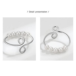 Vito Sterling Silver Fidget Anxiety Ring for Women, Adjustable Open Spinner Ring with Rotatable 5 Pearl Beads, Stacking Pressure Band Ring Jewellery Gift for Stressed Adult Women Men