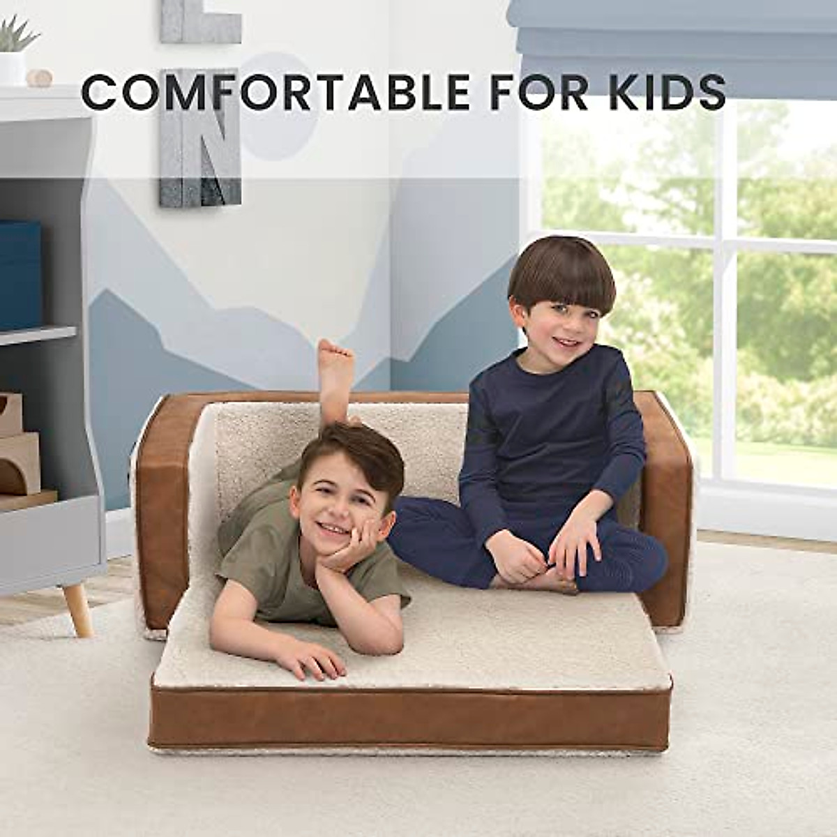 Delta Children Cozee Flip-Out Sherpa 2-in-1 Convertible Sofa to Lounger for Kids, Cream Sherpa/Faux Leather