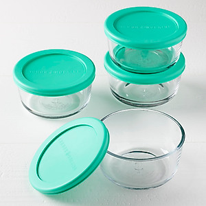 Anchor Hocking 2 Cup Glass Storage Containers with Lids, Set of 4 Glass Food Storage Containers with Mint SnugFit Lids