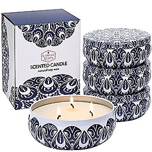 Citronella Candles Outdoor & Indoor, 4 x 12oz Scented Candles Large, Soy Wax 3 Wick Tin Gift Set for Garden Camping Patio