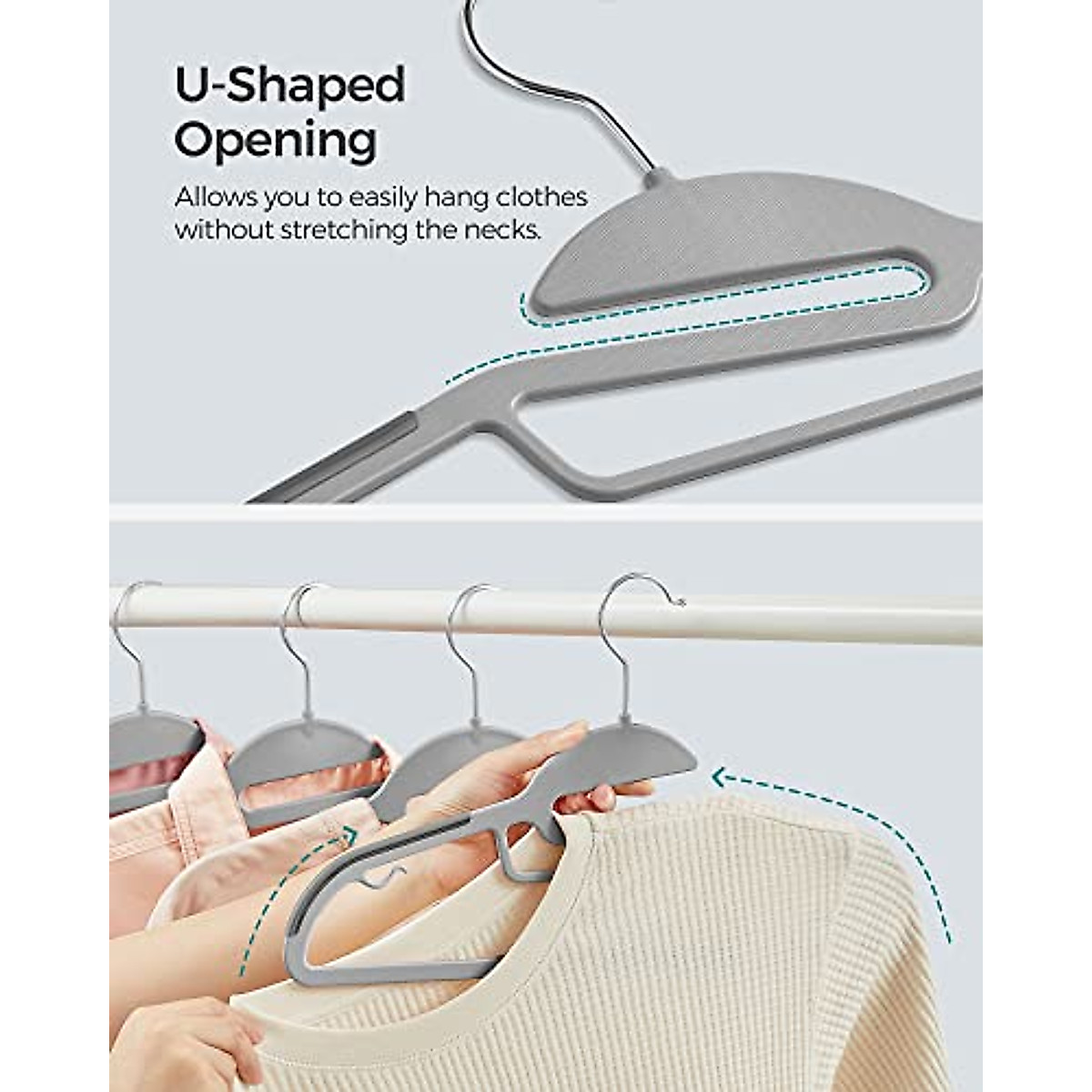 SONGMICS 50 Pack Coat Hangers, Premium Quality Plastic Suit Hangers, Heavy-Duty, S-Shaped Opening, Non-Slip, Space-Saving, 360º Swivel Hook, 16.3 Inches Long, Light Gray and Dark Gray UCRP41G-50