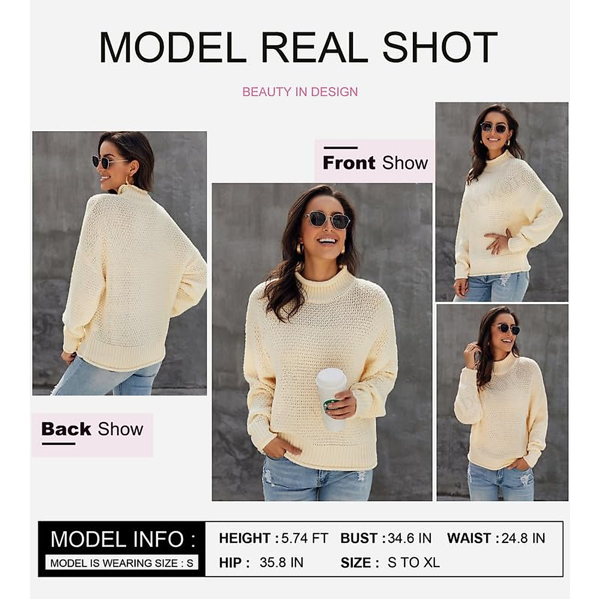 Dokotoo Women's Turtleneck Batwing Long Sleeve Solid Chunky Knit Sweater B Beige