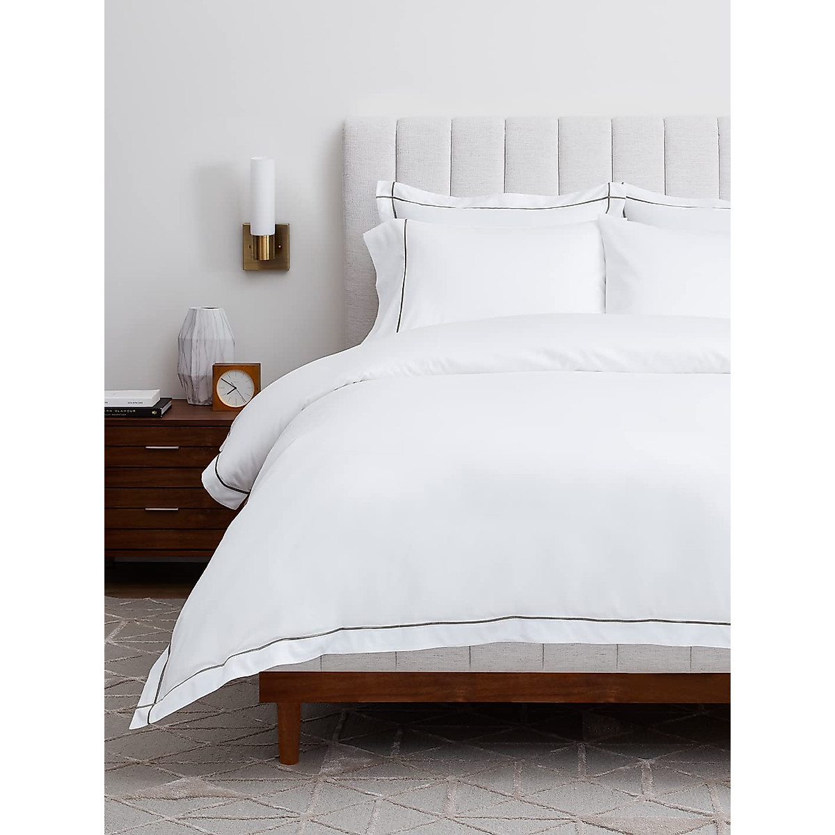 BOLL & BRANCH Signature Embroidered Duvet Set - King/Cal King, White/Stone - Luxury 100% Organic Cotton - 1 Duvet Cover, 2 Shams - Hidden Closures