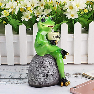 JUXYES Creative Craft Resin Frog Figurine Decor, Frog Sitting On Stone Statue Drinking Coffee Sculpture Statue, Personalized Collectible Figurines Mascot Frog for Indoor Outdoor Garden Decoration