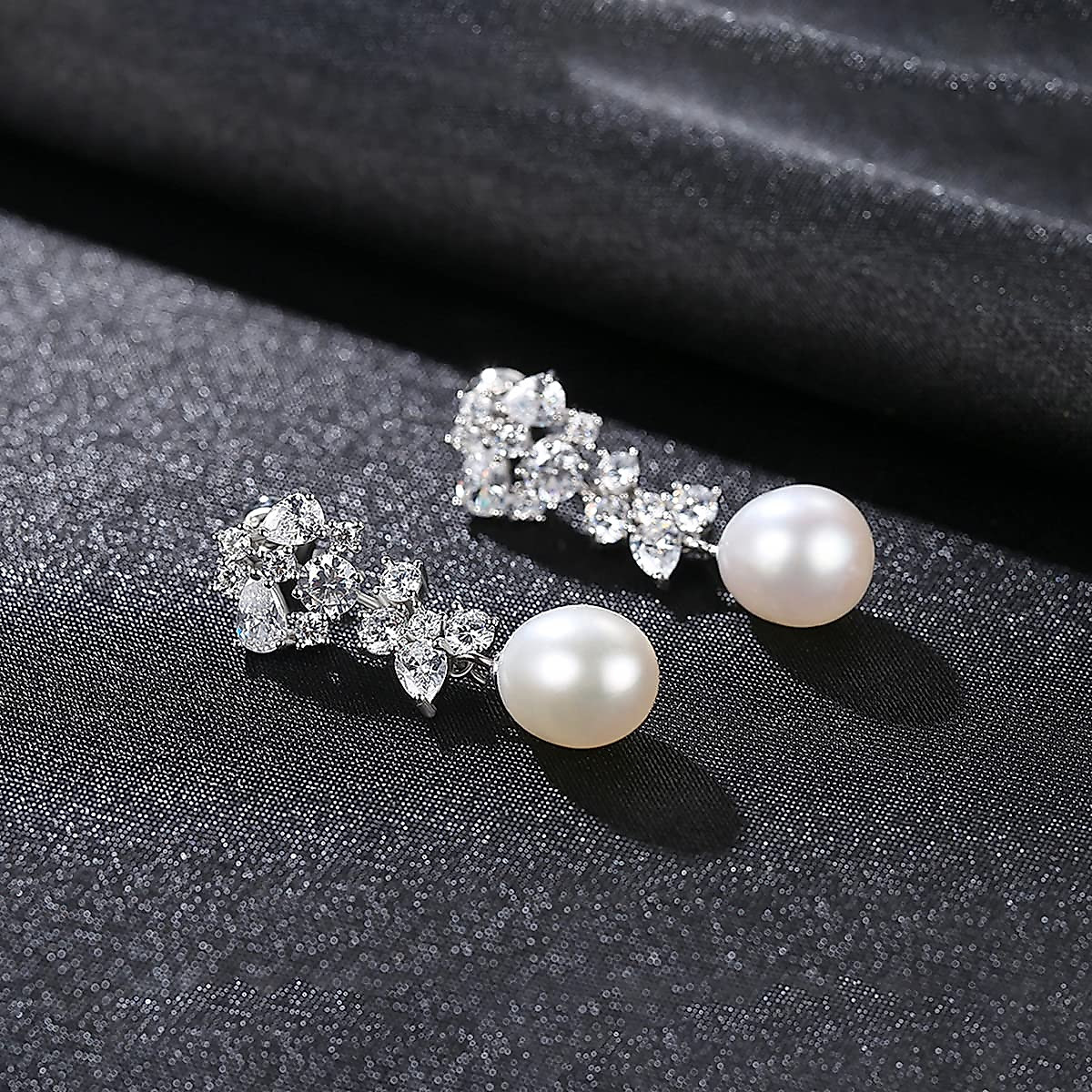 QuakerBird Freshwater Cultured Genuine Pearl Drop Earrings for Women Sterling Silver 9-10 mm Pearls Tennis Cluster CZ Dangle Stud Earrings Wedding (01, ivory)