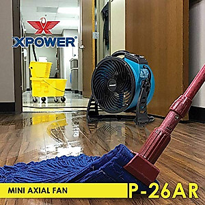 XPOWER P-26AR Industrial Axial Air Mover, Blower, Fan with Build-in Power Outlets for Water Damage Restoration, Home and Plumbing Use - 1 Amp, 1300 CFM, 4 Speeds , Blue