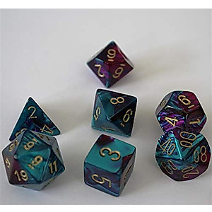 Polyhedral 7-Die Gemini Dice Set: Purple & Teal with Gold (d4, d6, d8, d10, d12, d20 & d00)