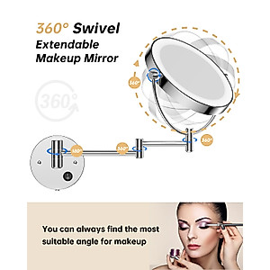 Gospire 8.5" Wall Mounted Lighted Magnifying Mirror, 1X/10X Double-Sided Magnification Round LED Cosmetic Vanity Bathroom Mirror Extendable Arm 360° Swivel for Shaving Makeup