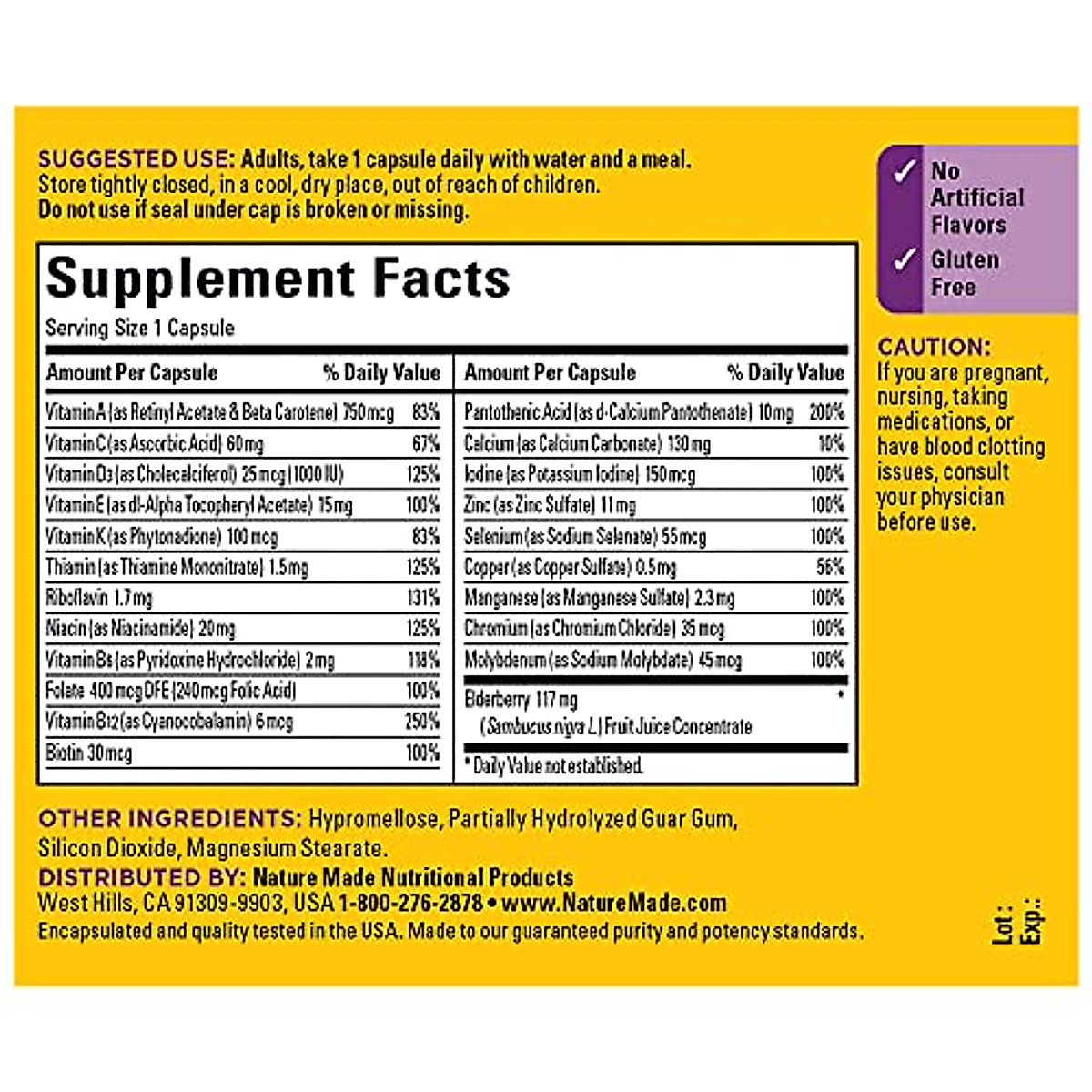 Nature Made Multi + Elderberry Capsules, Multivitamin for Daily Immune Support, One Per Day Multivitamin, 60 Count