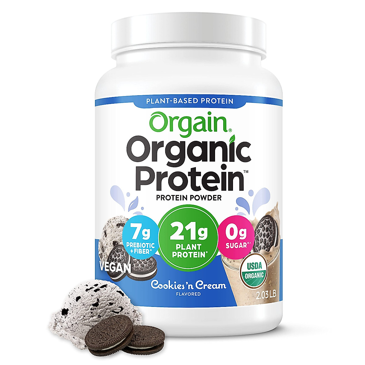 Orgain Organic Vegan Protein Powder, Cookies & Cream - 21g Plant Based Protein, 7g Prebiotic Fiber, Low Net Carb, No Lactose Ingredients, No Added Sugar, Non-GMO, For Shakes & Smoothies, 2.03 lb